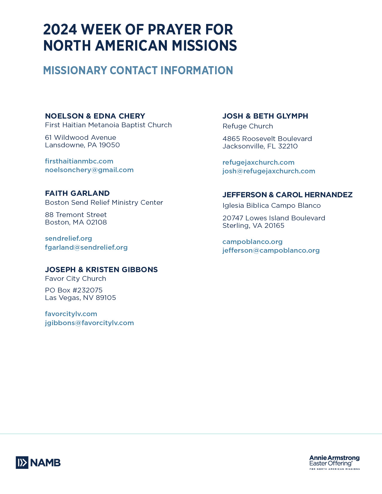 Missionary Contact Information - Annie Armstrong Easter Offering